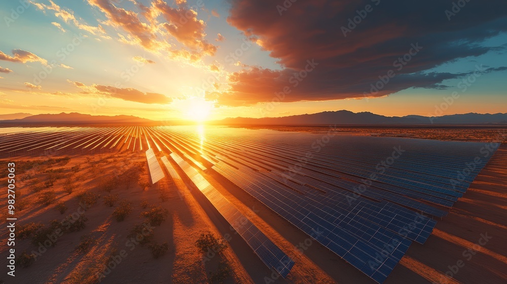 Solar farm with countless mirrored panels stretching across the desert ...