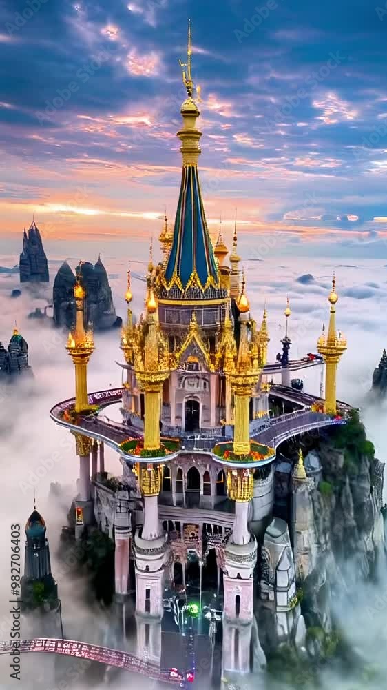 Architectural concept: Dream Airbnb, Floating Island city with golden ...