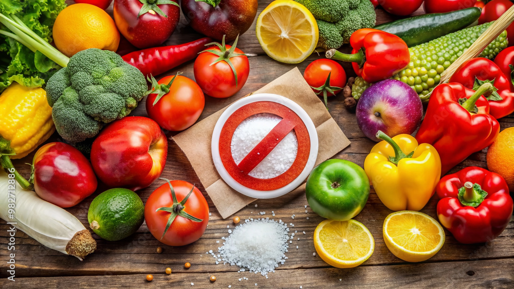 Vibrant fresh fruits and vegetables surrounded by a discarded sugar ...