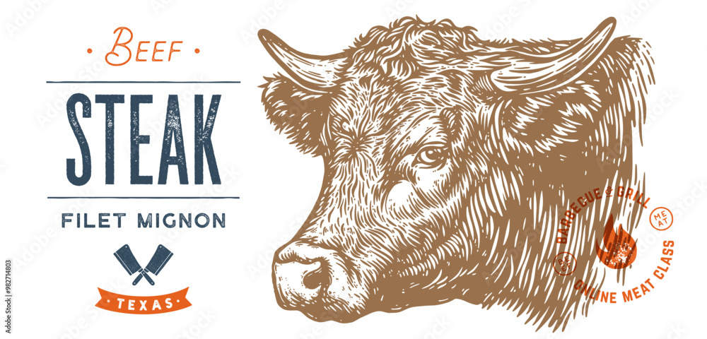 Cow, bull, beef head, meat tag label. Template Meat Tag Label. Vintage ...