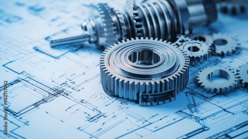Close-up of mechanical gears and blueprints, concept of engineering ...