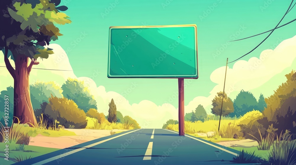 Green road sign cartoon illustration in a 2D style featuring a humorous ...