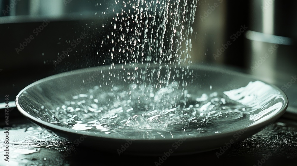 Water running over a plate as it is being rinsed clean, capturing the ...