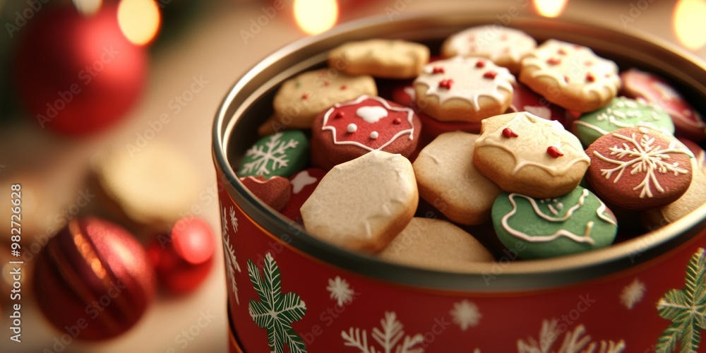 3D illustration of a Christmas cookie tin with a festive design, filled ...