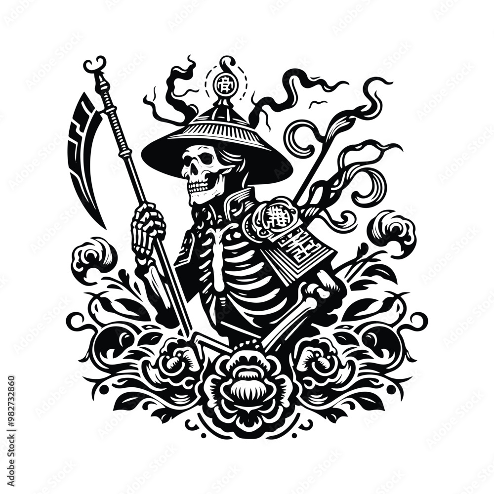 chinese warior skeleton with victorian flourish decoration in black and ...