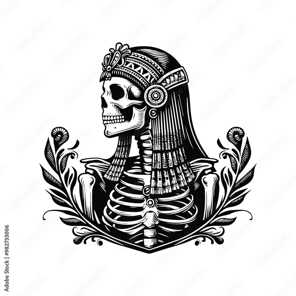 cleopatra skeleton with victorian flourish decoration in black and ...