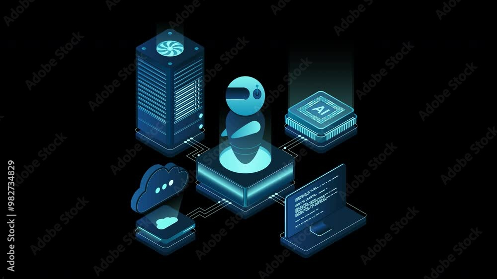 Artificial intelligence robot animation. System analysis. Big data processing. Machine learning ...