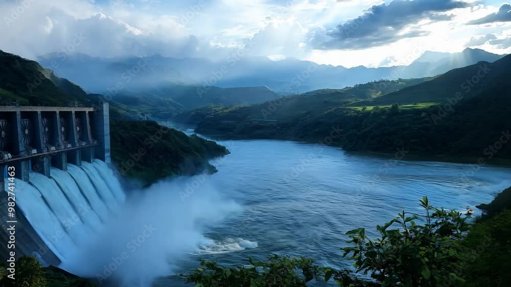 Aerial video of a hydroelectric power plant with the dam releasing ...