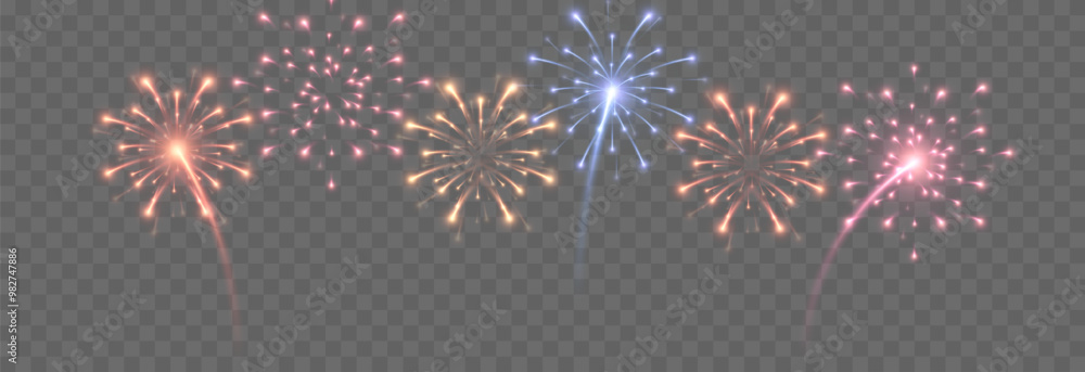 Vector fireworks. Multicolored fireworks on isolated transparent ...