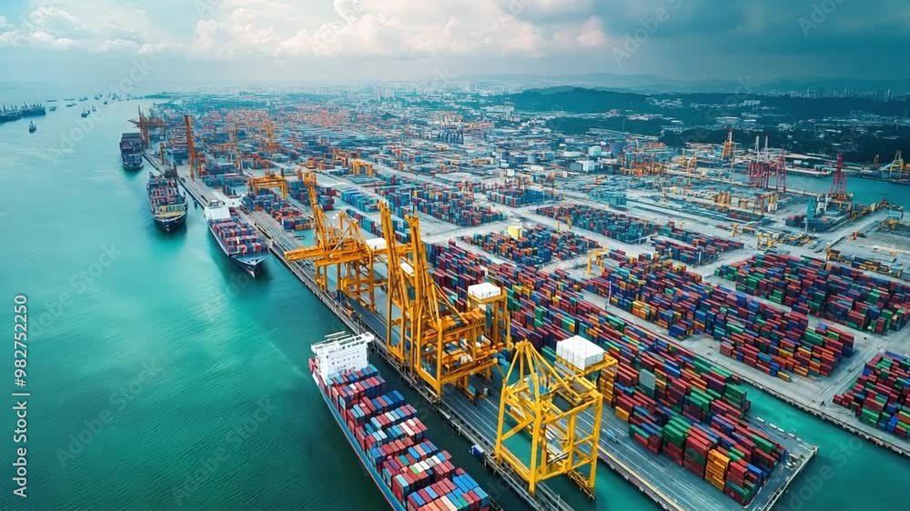 Aerial view of a major port with docks, cargo ships, and cranes ...