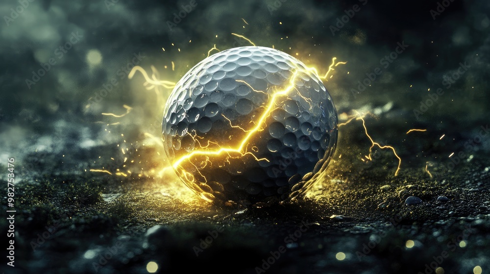 Electrifying golf ball with yellow lightning, representing energy and ...