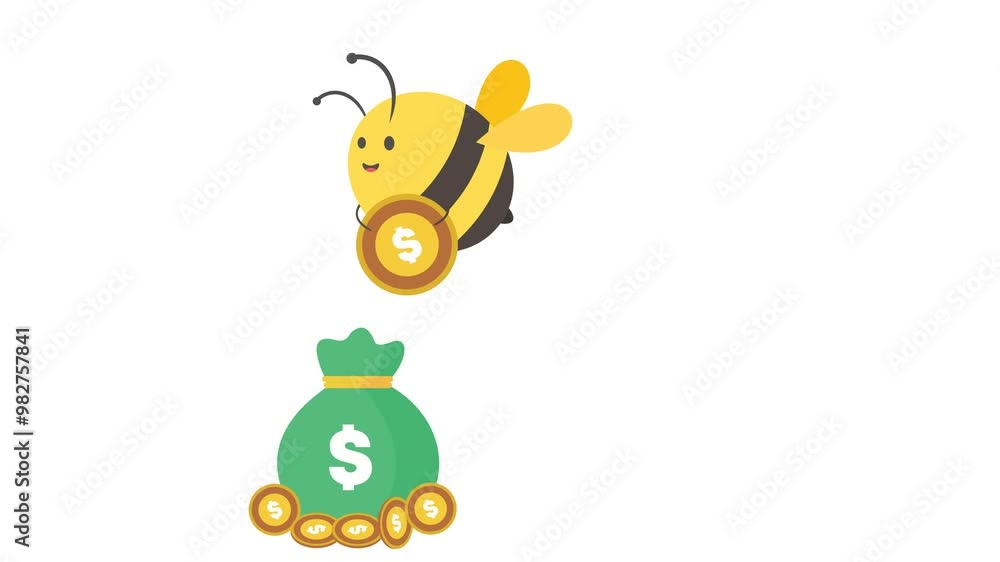 cartoon animated illustration of a bee carrying gold coins. bee collects gold coins. dollar ...