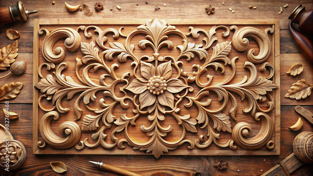 Intricately carved wooden decorative panel with floral patterns, swirls ...