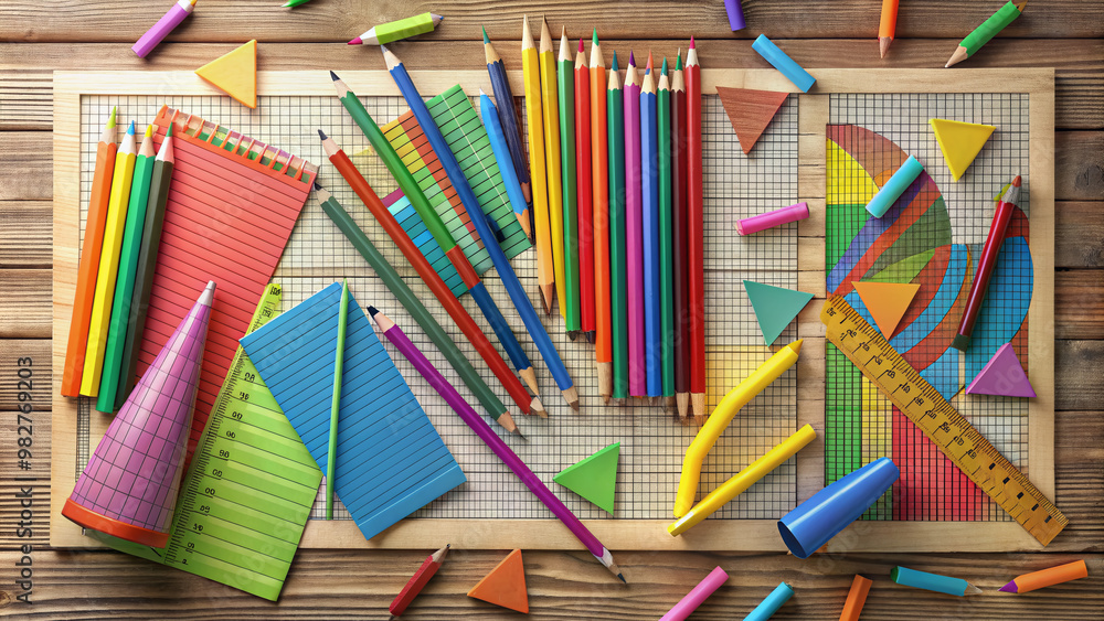 Colorful geometric shapes and stripes background with school supplies ...
