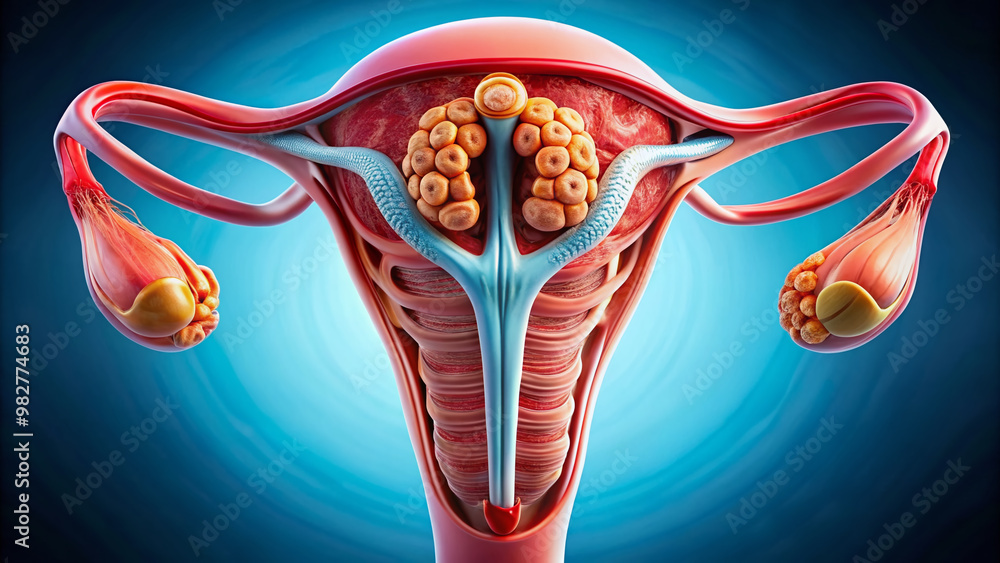 Close-up of a female reproductive system model showing a uterus with ...