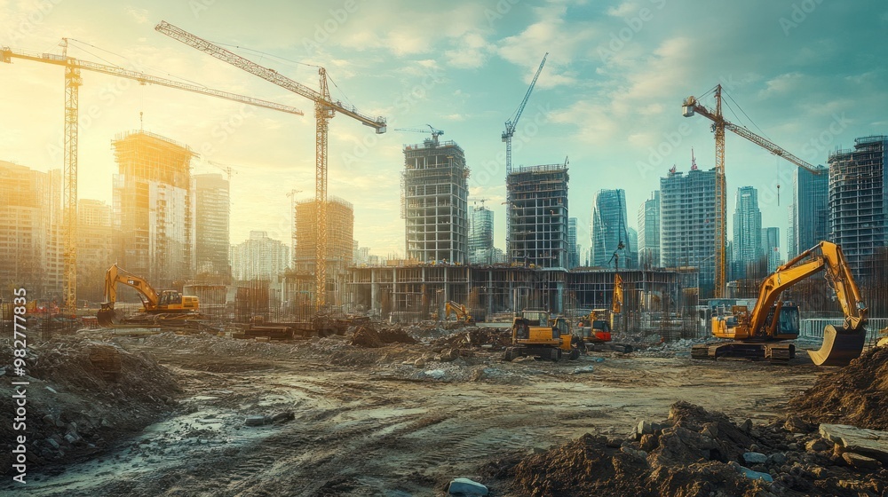 Large scale construction project with multiple cranes and heavy ...