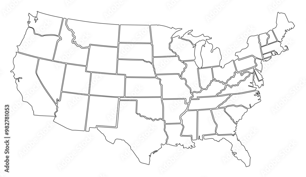 USA outline map isolated on a transparent or white background. Detailed ...