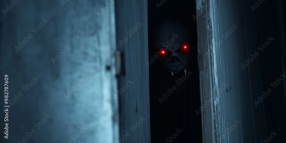 A scary monster with red eyes and sharp teeth is peeking out of a door ...