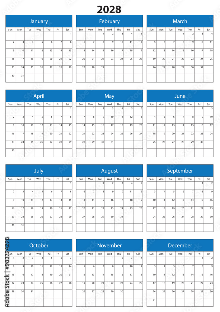 2028 Calendar Template. Vector calendar. Week starts sunday. Calendar ...