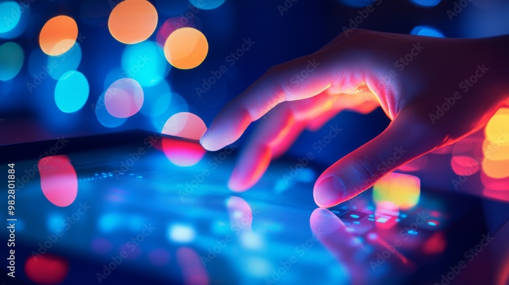 An image showing the touch of a finger on a glowing, digital interface ...