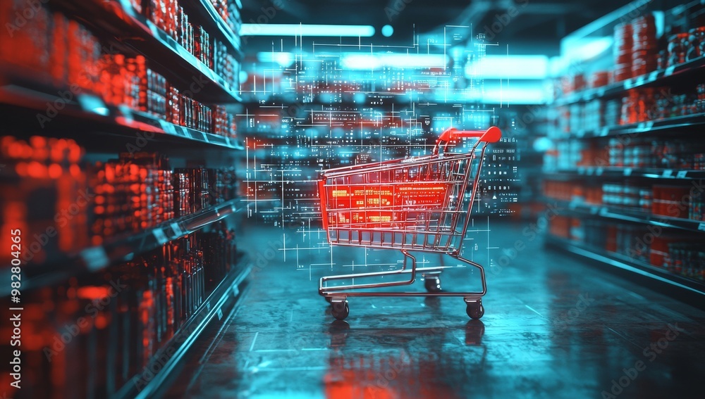 Smart shopping cart with a digital interface in a supermarket aisle ...
