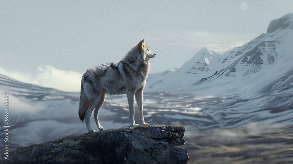Lone Wolf on a Snowy Mountaintop: A majestic wolf stands silhouetted ...