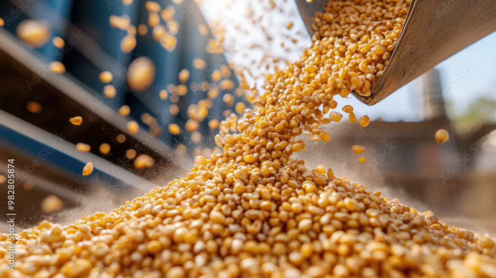 Golden corn kernels are being poured into silo, creating dynamic scene ...