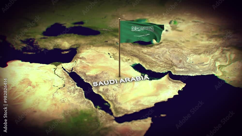 The Flag of Saudi Arabia on the World Map, Saudi Arabia map with flag ...