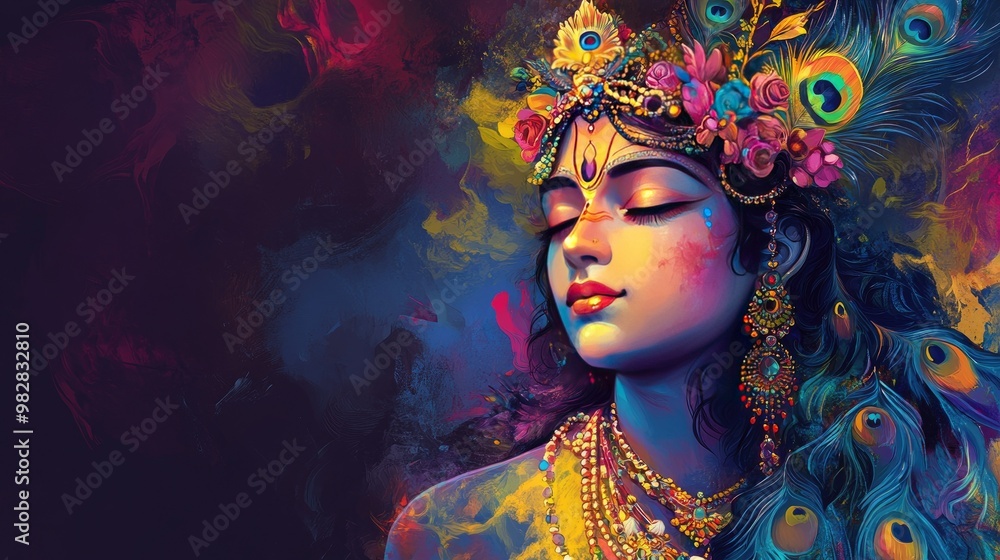 A vibrant depiction of Lord Krishna in a traditional pose with a ...