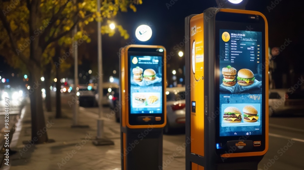Row digital kiosks busy street night are orange Bright menu boards ...