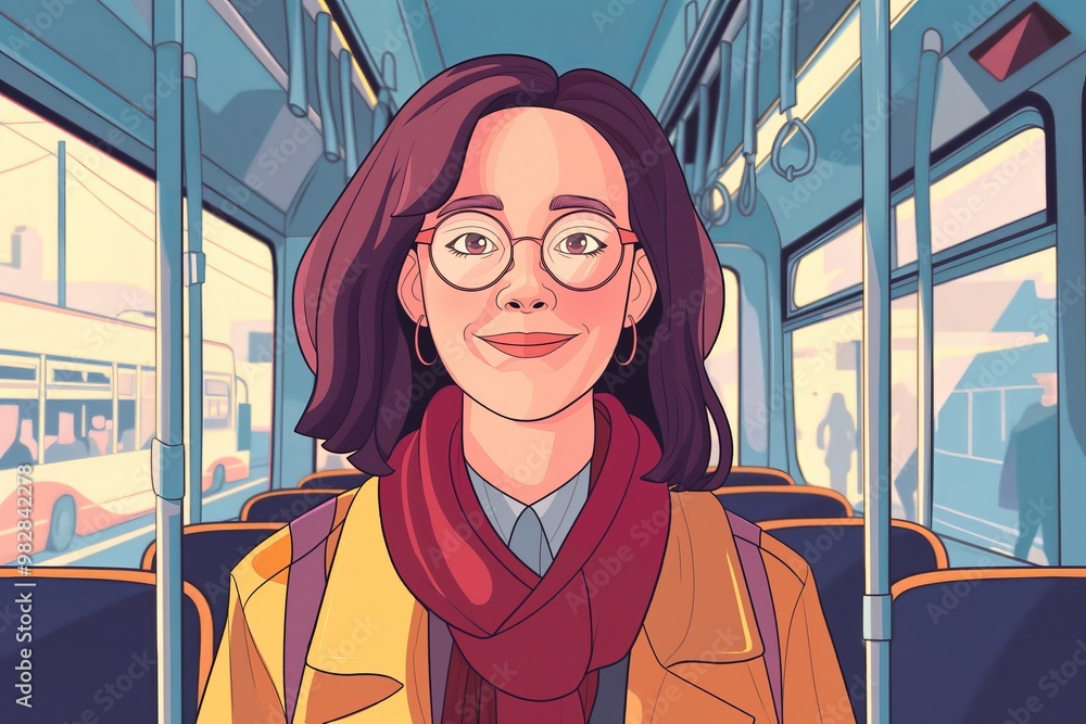 Young female commuter standing smiling and posing on public transport ...