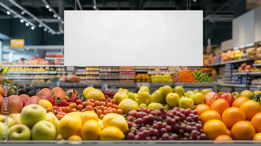 A white advertisement sign positioned above the fruit section in a ...