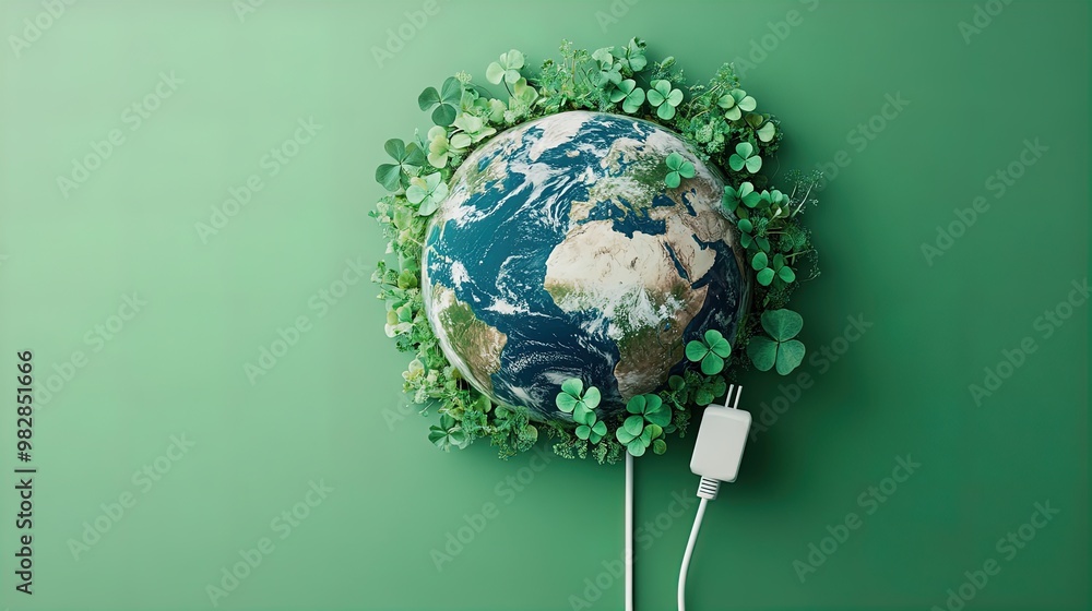 Eco-Conscious Earth Model with Green Plants and Power Cord: A Perfect ...