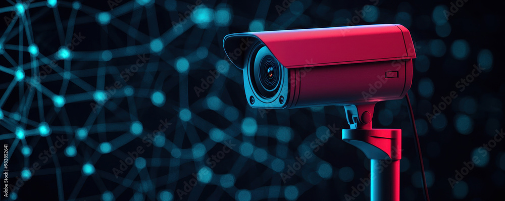 A modern security camera stands prominently against backdrop of ...