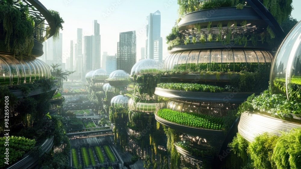 A futuristic urban farming district where greenhouses and vertical ...