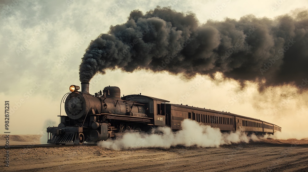 A vintage coal-powered locomotive, billowing thick black smoke as it ...