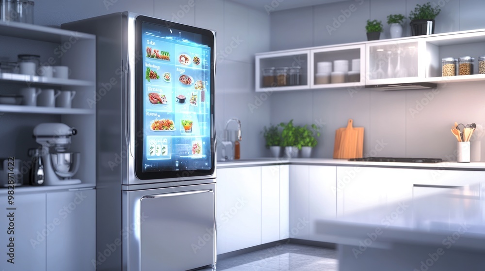 A smart refrigerator with a touchscreen interface, displaying recipes ...