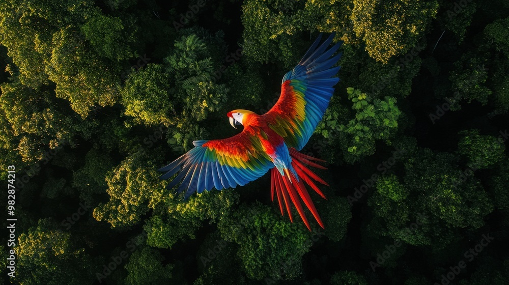A vibrant scarlet macaw soars above the Amazon rainforest, its colors ...