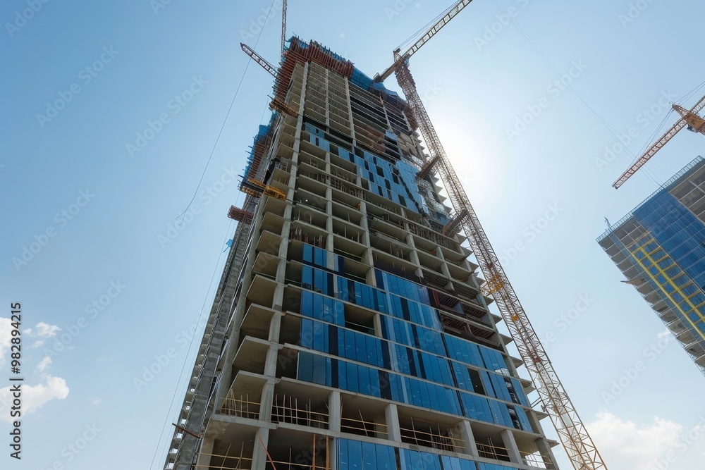 A skyscraper being built with prefabricated components ,A tall building ...