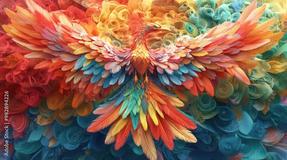 Capture a top-down perspective of a multicolored phoenix soaring above ...