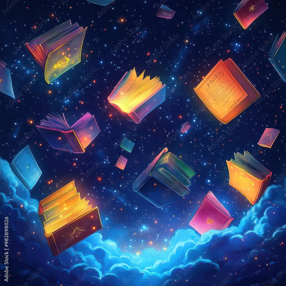 Create a mesmerizing image of glowing books with colorful pages ...