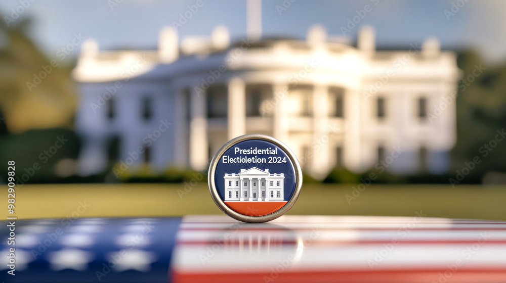 A vibrant campaign button for the 2024 presidential election rests on ...
