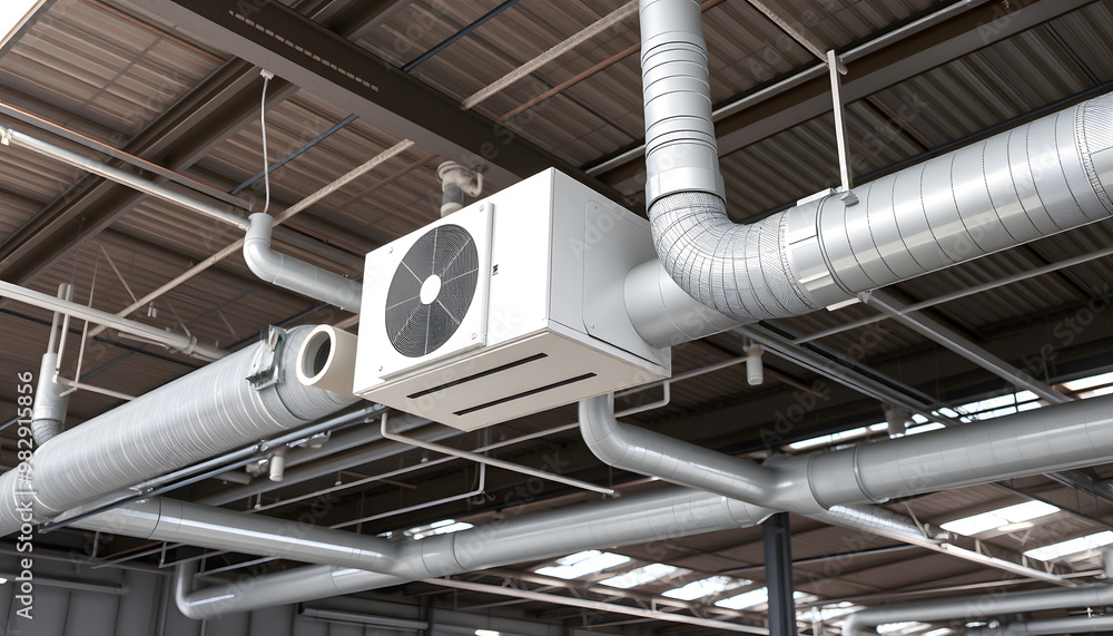 Industrial ventilation system. Pipes for room conditioning. Ventilation ...
