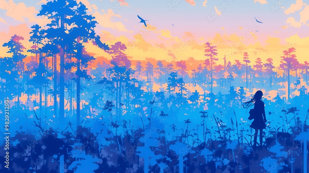 Twilight Serenity, vibrant city pop anime girl by a tranquil lake, bold ...