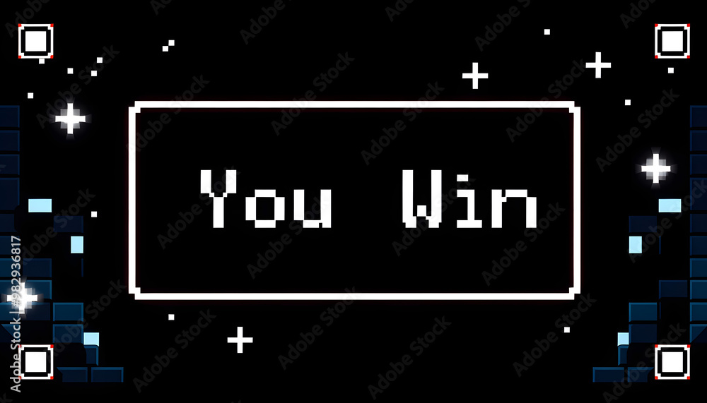 Pixel game win screen. Retro 8 bit video game interface with You Win text, computer game level ...
