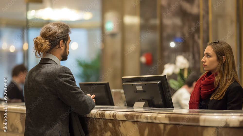 Man at a hotel reception desk speaking with a staff member. The setting ...