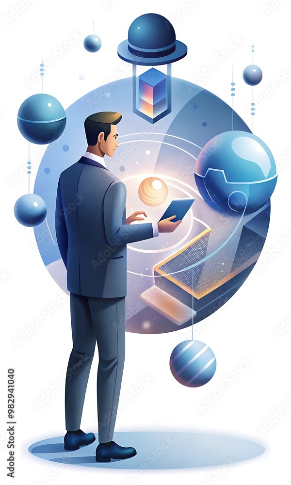 A businessman studying a detailed digital model of a new product, with ...