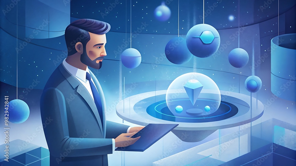 A businessman studying a detailed digital model of a new product, with ...