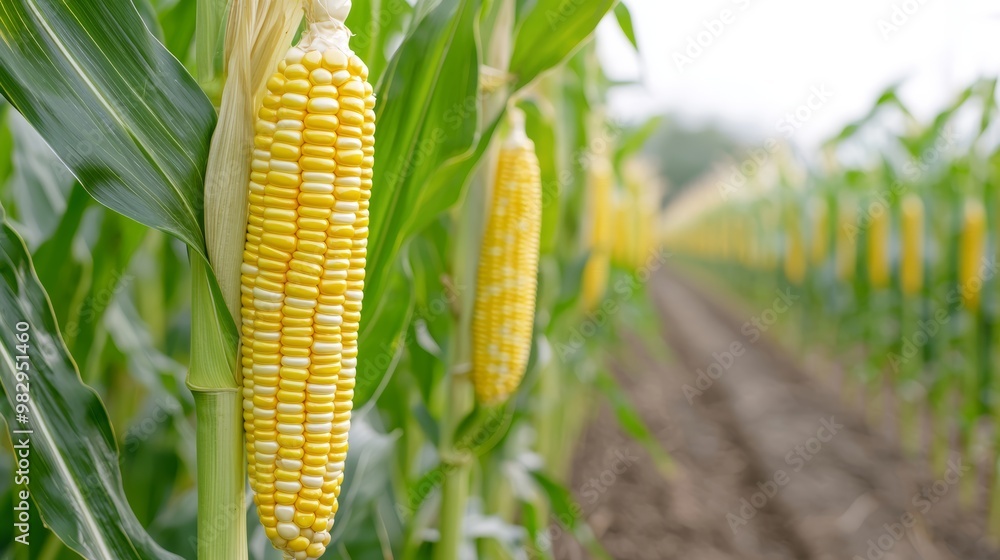 A futuristic farm with rows of GMO corn plants, each cob identical in ...