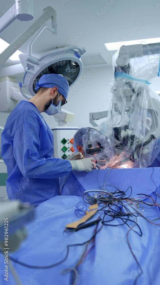 Bearded doctor stands holding a syringe near the operating table ...